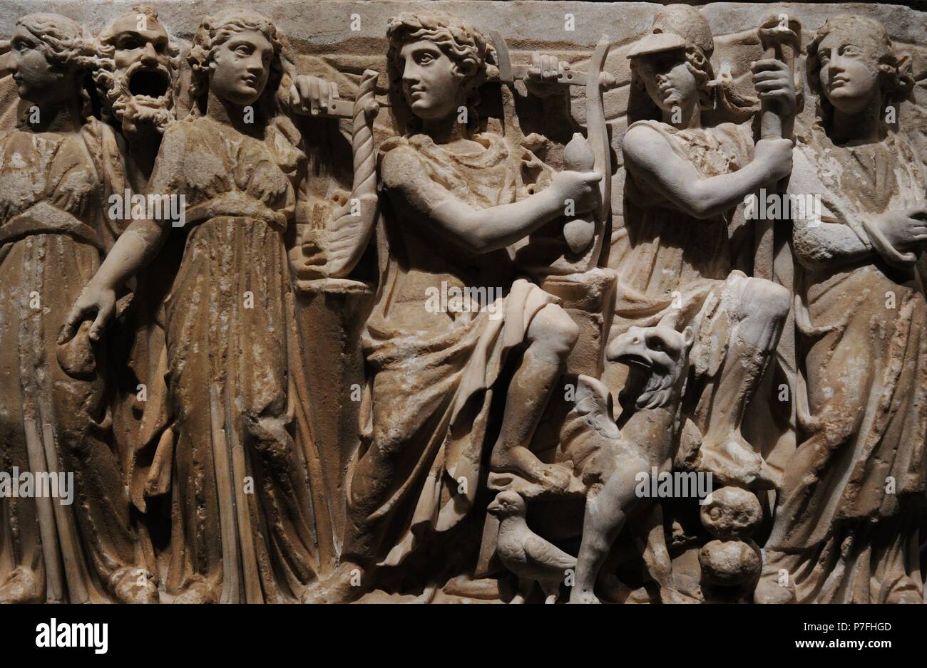 Roman art. Sarcophagus panel depicting Athena, Muses and Apollo. Detail ...