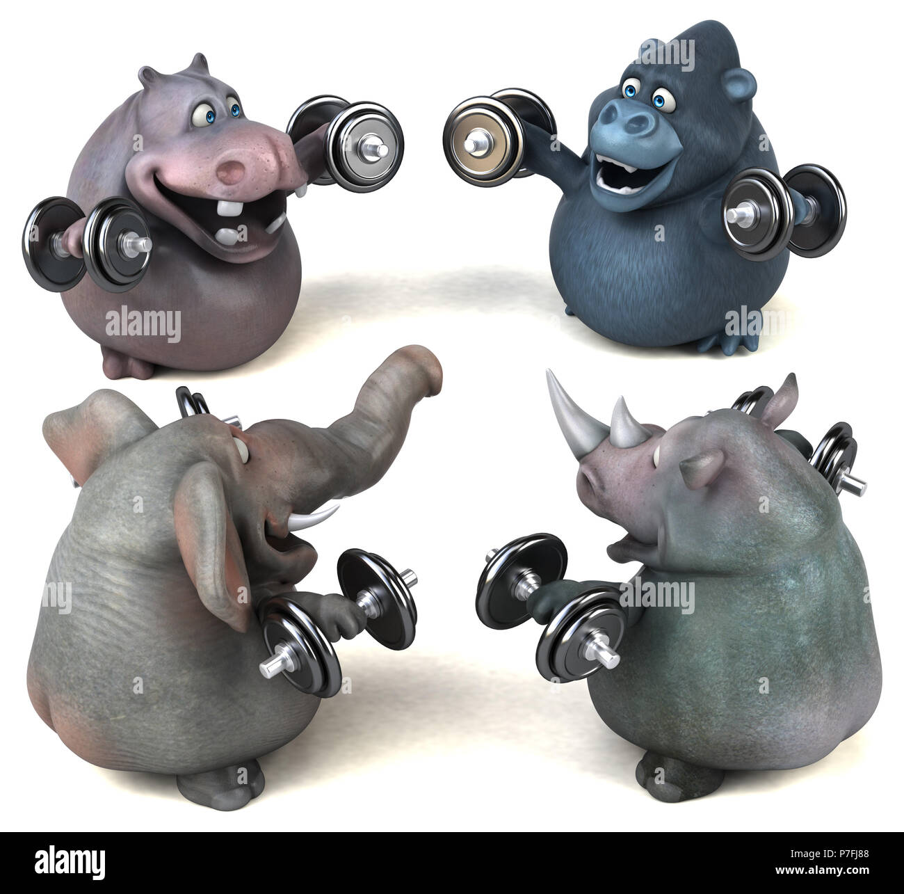 Fit hippo, rhino, elephant and gorilla - 3D Illustration Stock Photo ...