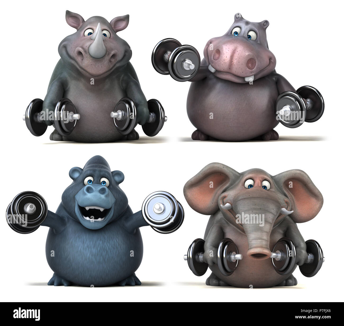 Fit hippo, rhino, elephant and gorilla - 3D Illustration Stock Photo ...