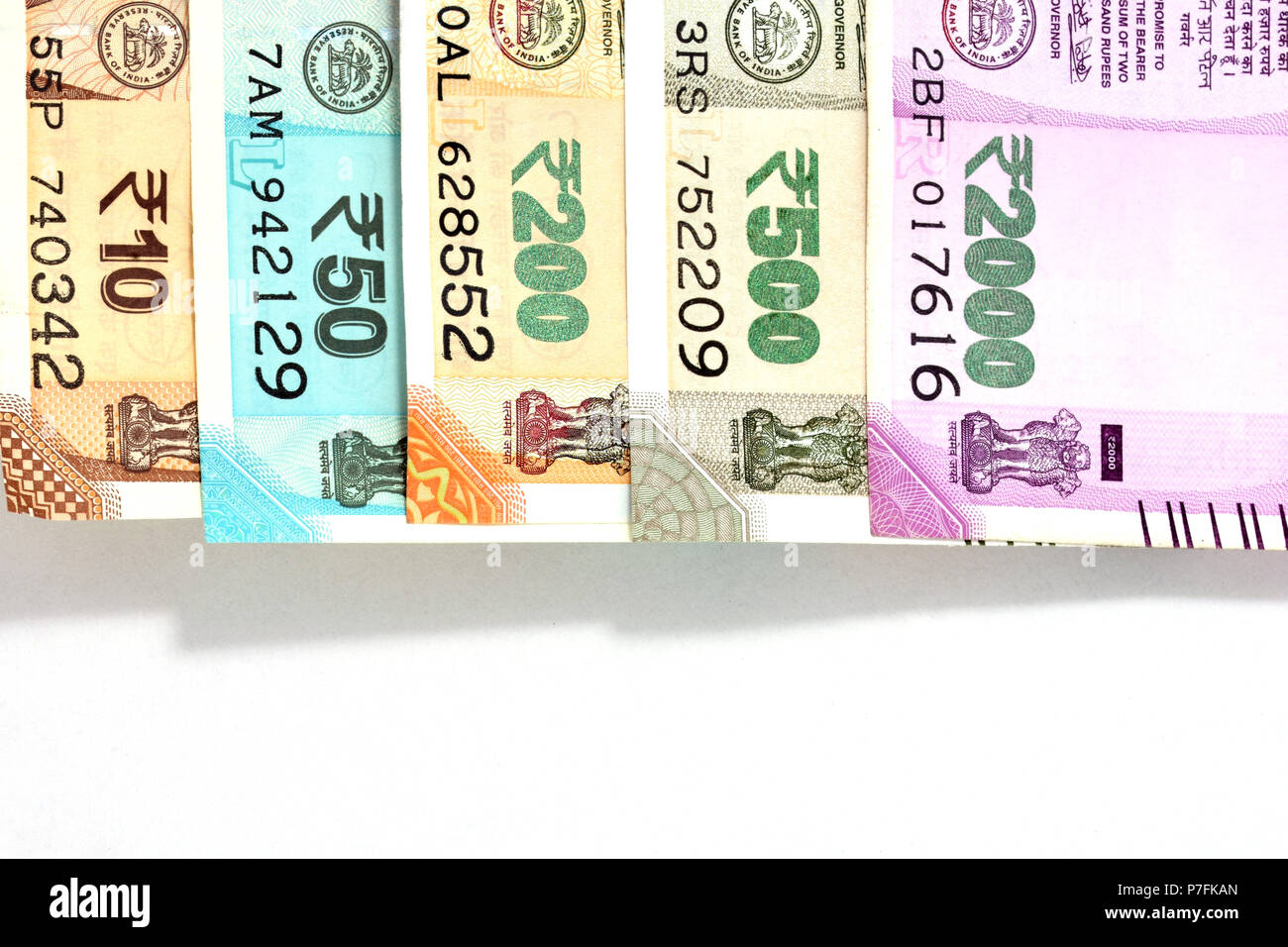 .New Indian currency of 2000,500,200,50 and 10 rupee notes Stock Photo ...