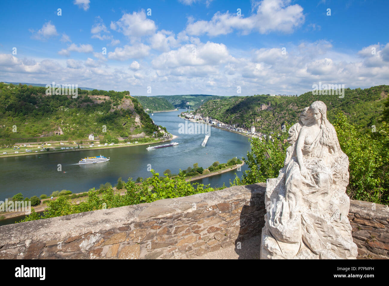Loreley figure and Rhine valley Landscape and Sankt Goarshausen view ...