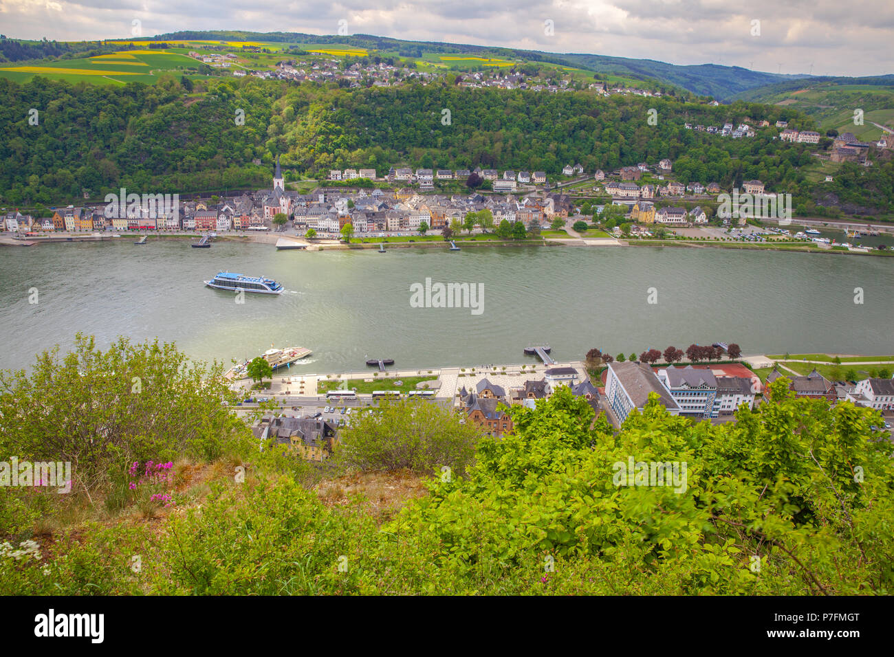 top view of Sankt Goarshausen and St. Goar in the Rhine Valley Germany ...