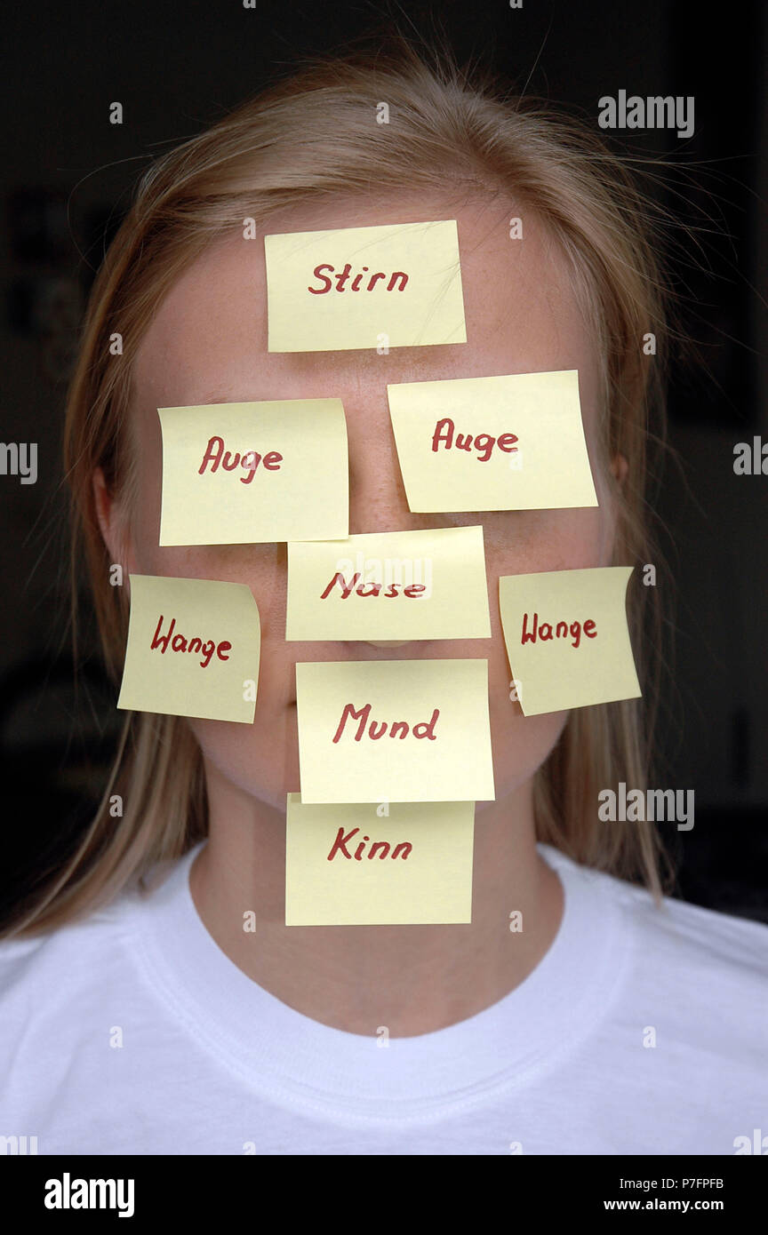 Post-it note with descriptions of body parts pasted over face Stock ...