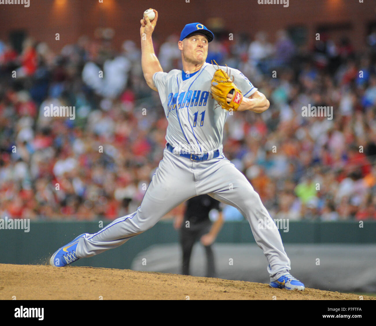 July 04, 2018: Omaha pitcher, Kevin Lenik (11), in action during the ...