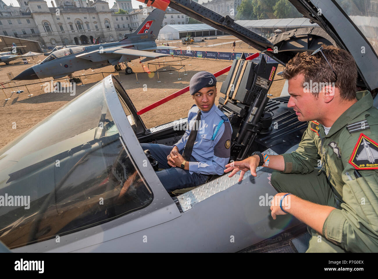 London, UK. 6th July 2018. A current pilot (Fl Lt Nick Collinswood) and ...