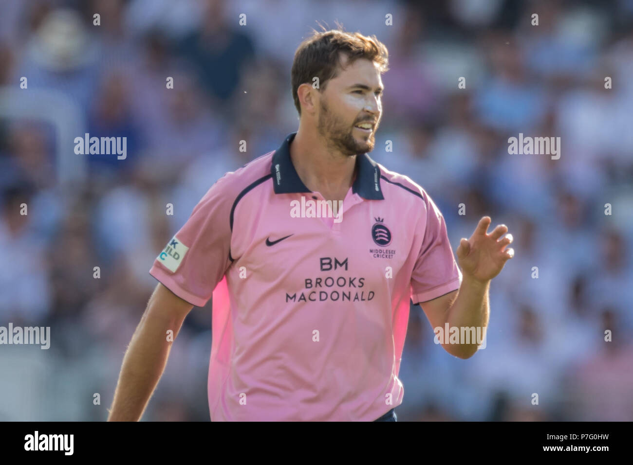 London, UK. 5 July, 2018. James Fuller in the field for Middlesex ...