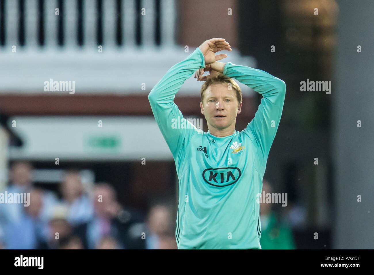 London, UK. 5 July, 2018. Gareth Batty bowling for Surrey against ...