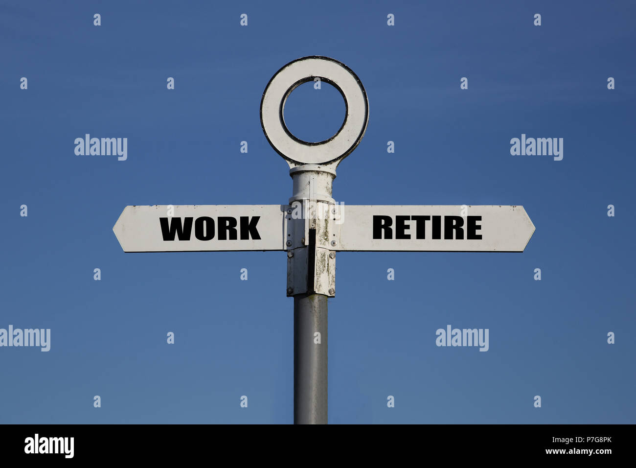 Old road sign with work and retire pointing in opposite directions ...