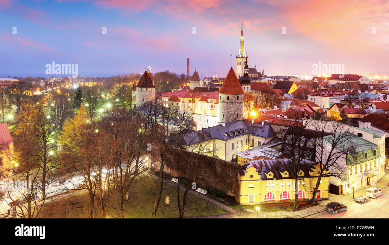 Aerial view of Tallinn Medieval Old Town with St. Olaf's Church and ...