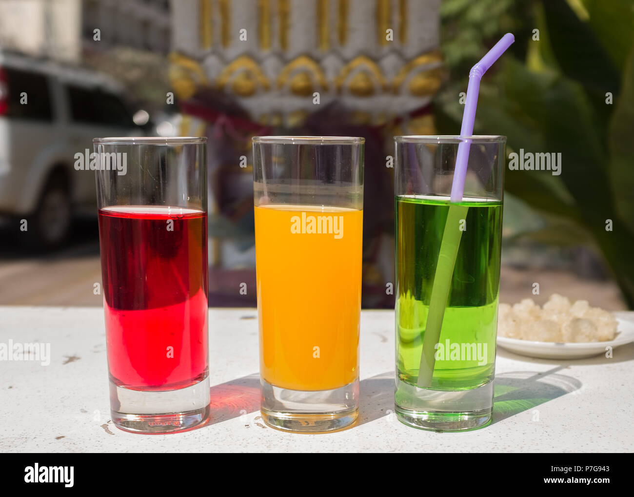 Drinks as an offerings in front of Buddhist Shrine, Vientiane, Laos ...