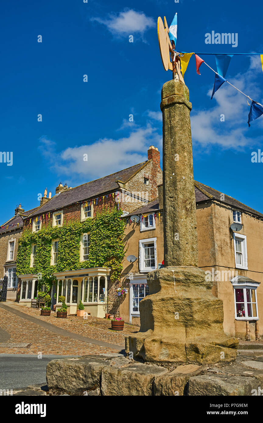 Bunting hanging across the street in the Yorkshire town of Middleham ...