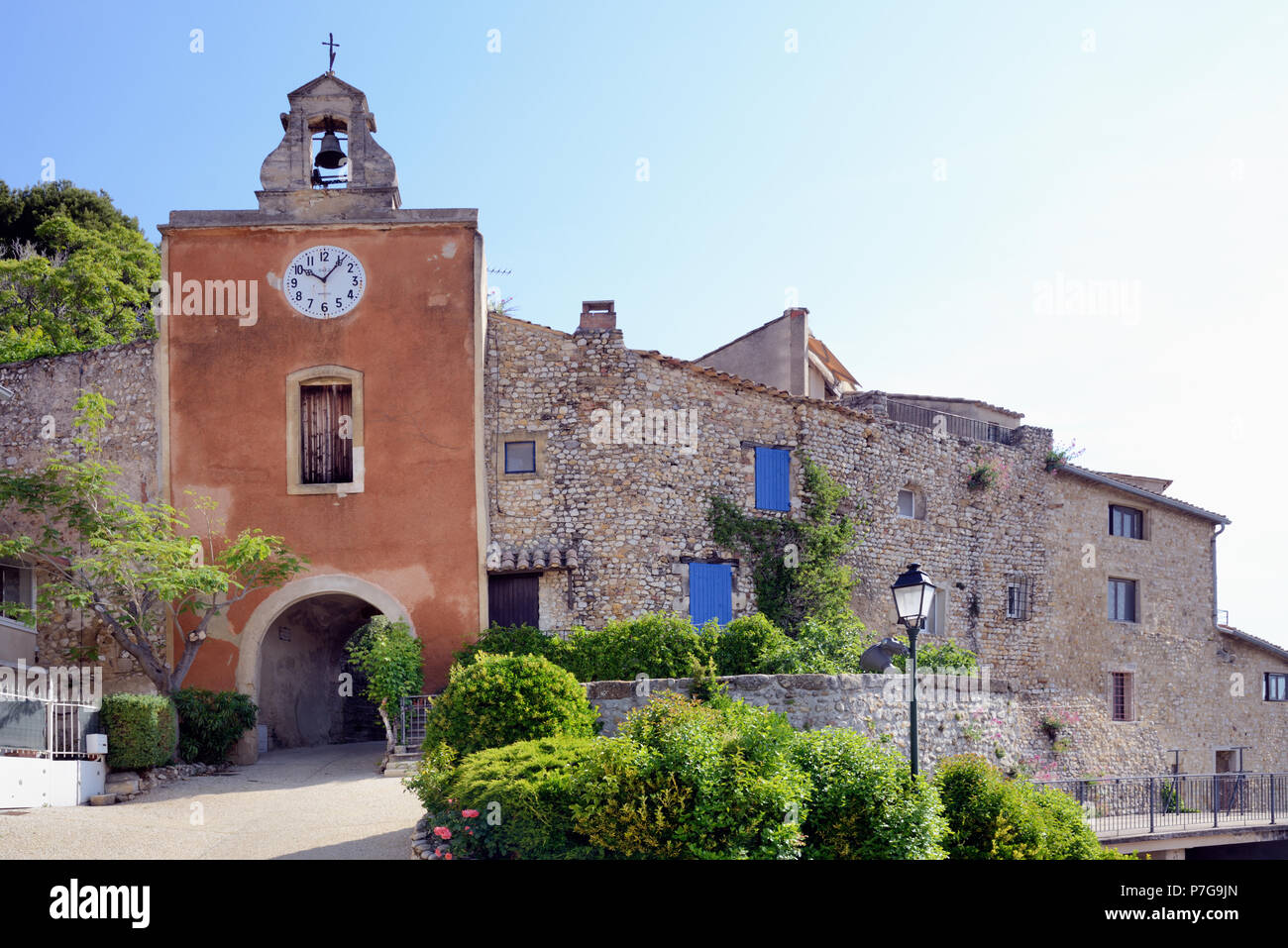 Ochre-Coloured Clock Tower and Perched Village of Rasteau Vaucluse ...