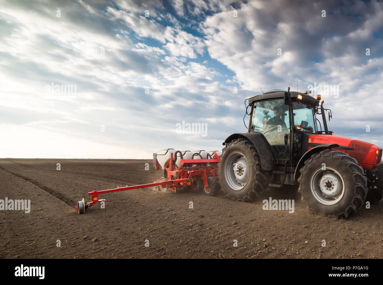 Farmer with tractor seeding - sowing crops at agricultural fields in ...