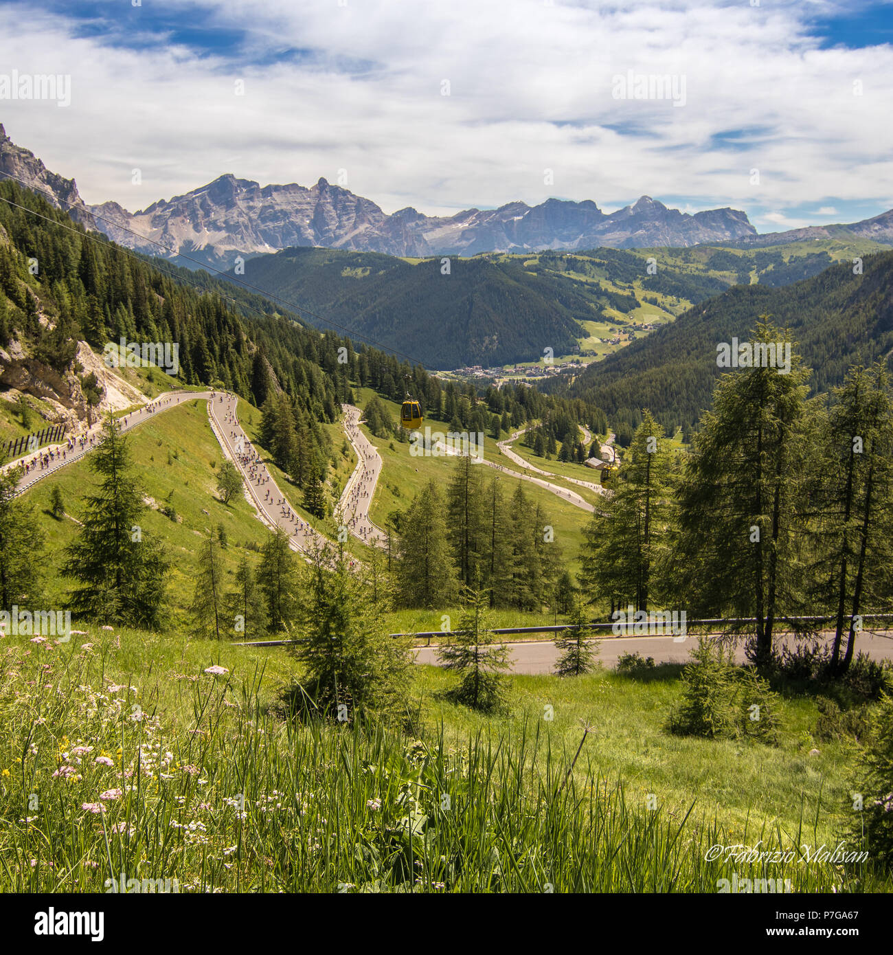A landscape view over Corvara in Badia Colfosco from Gardena Pass in ...
