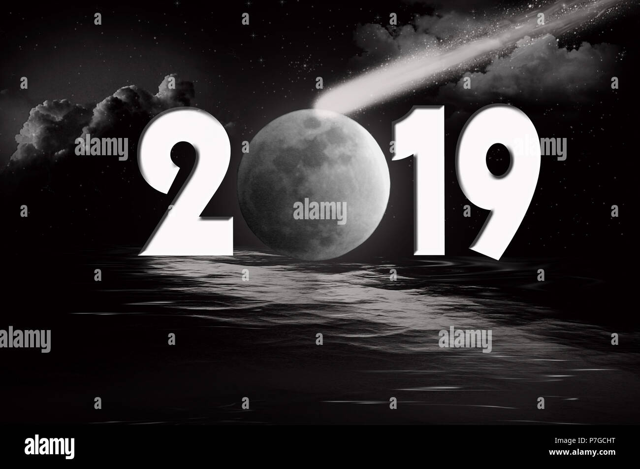 comet and moon reflection on black water for New Year 2019 Stock Photo ...