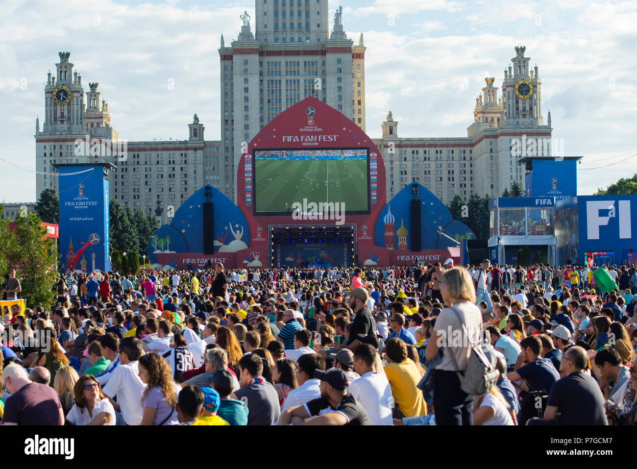 2 July 2018 Moscow, Russia. Fans at the FIFA fans festival in the fan ...