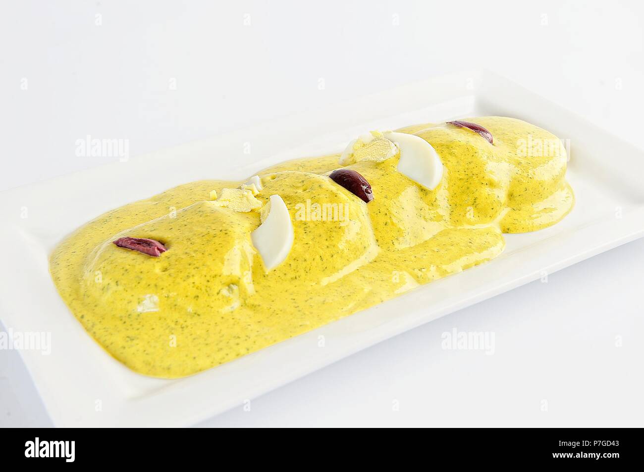 Traditional Peruvian food called Ocopa Arequipena served on a plate on ...