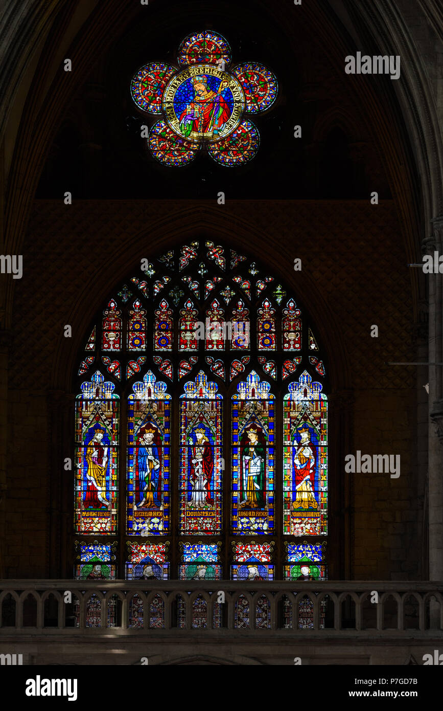 The stained glass window at the west end of the medieval cathedral ...