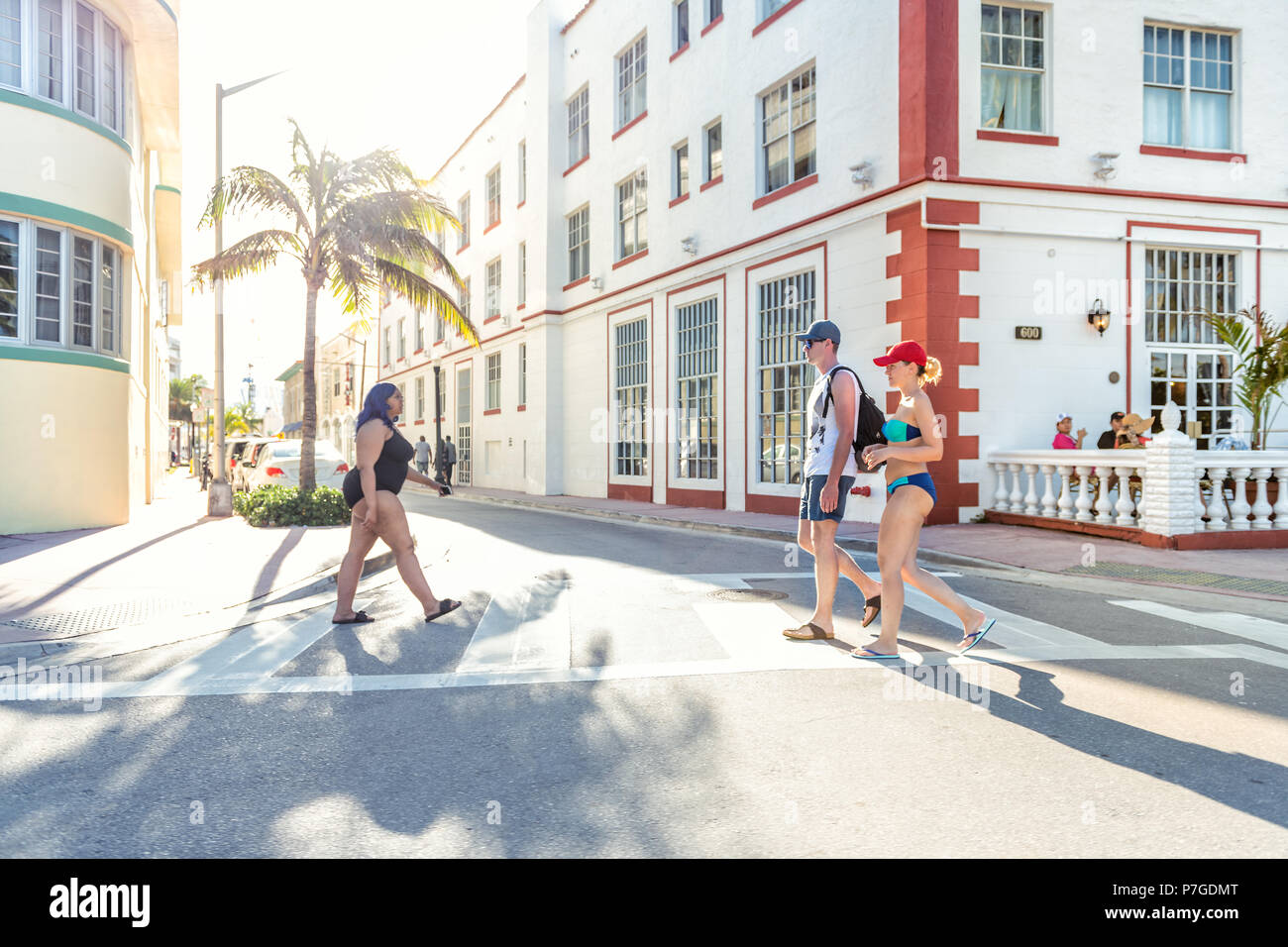 Miami Beach, USA - May 5, 2018: Waldorf Towers, crosswalk, many people ...