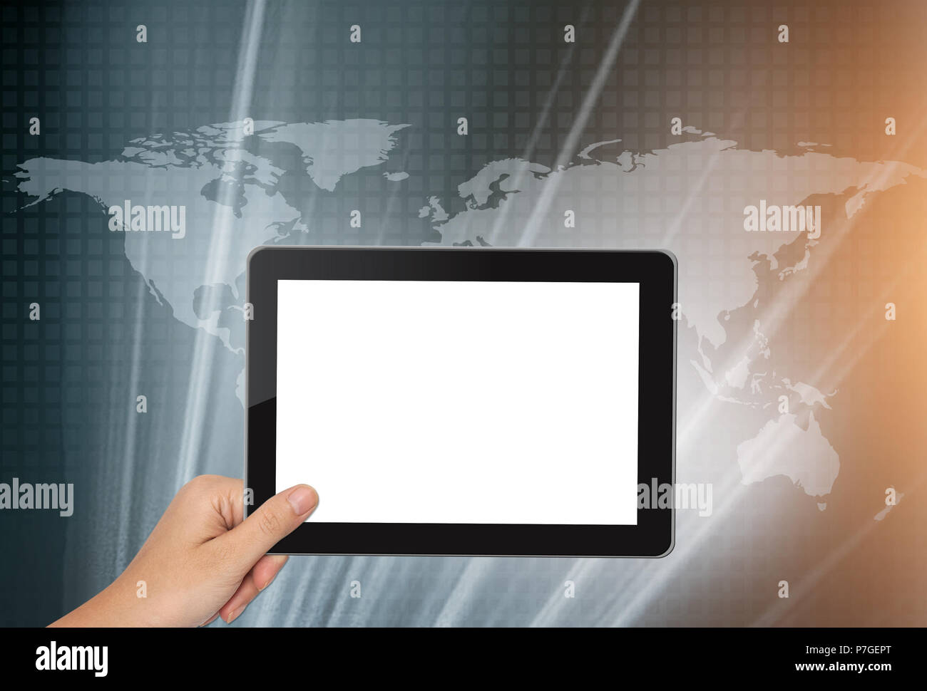 Hand hold Black Tablet pc on world map and technology background Stock ...
