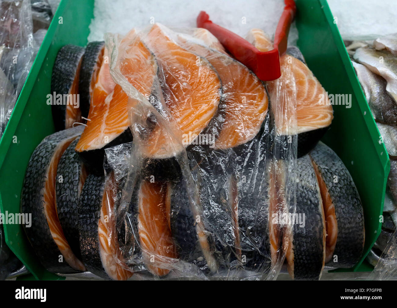 Salmon steaks at fish market Stock Photo - Alamy