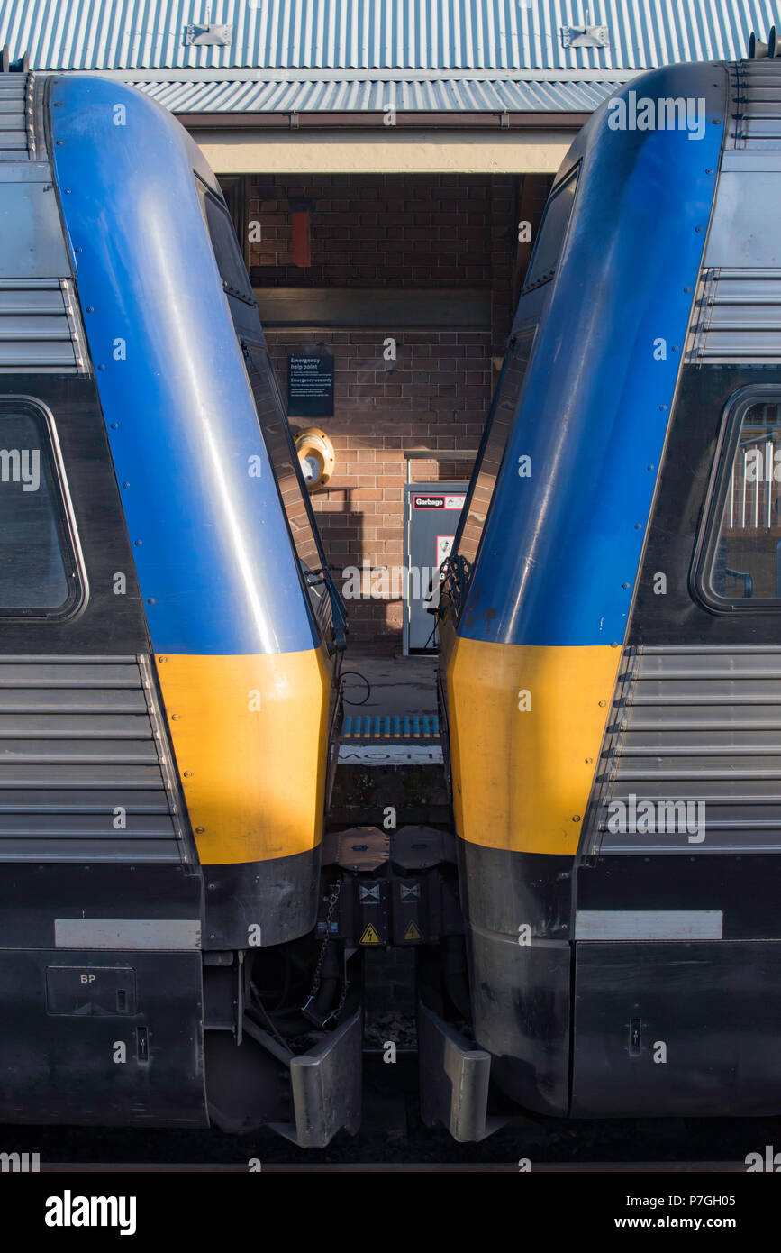 The distinctive blue and yellow colours of two Endeavour Diesel rail ...