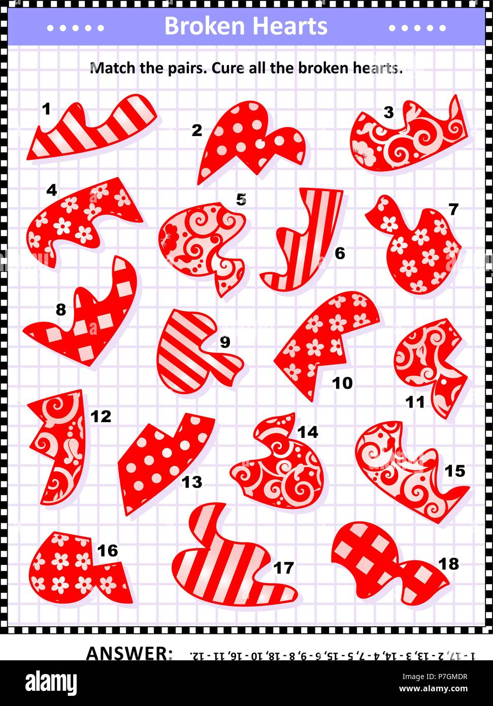 Valentine's Day themed visual puzzle: Match the halves of broken hearts ...