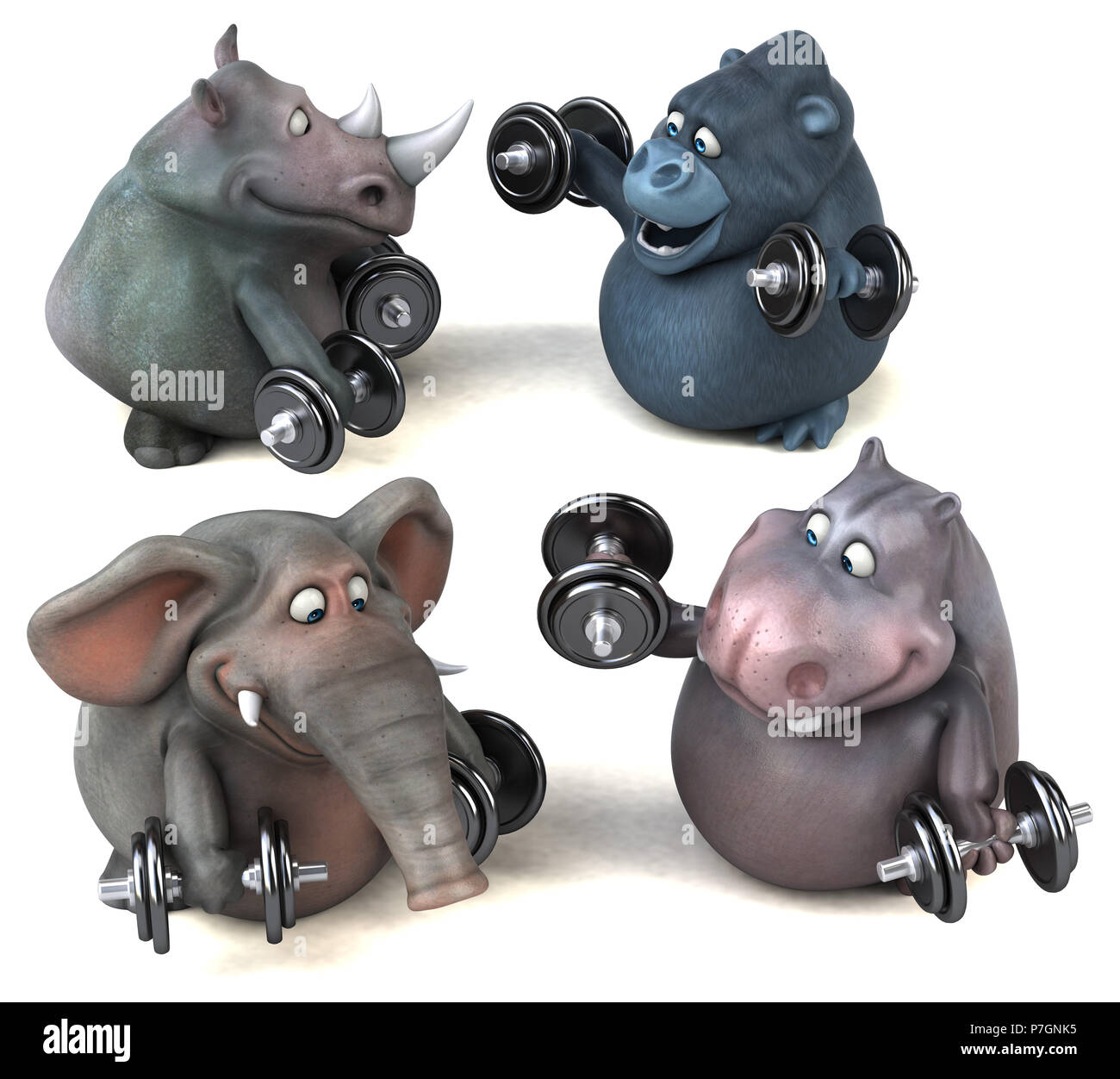 Fit hippo, rhino, elephant and gorilla - 3D Illustration Stock Photo ...