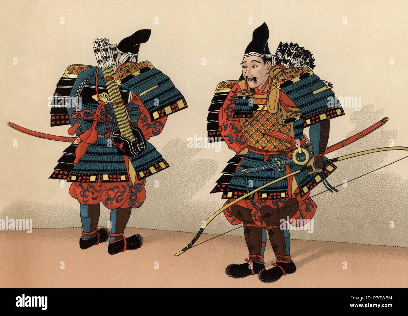 Japón. Guerrero samurai vestido para la guerra. Grabado de 1890 Stock ...