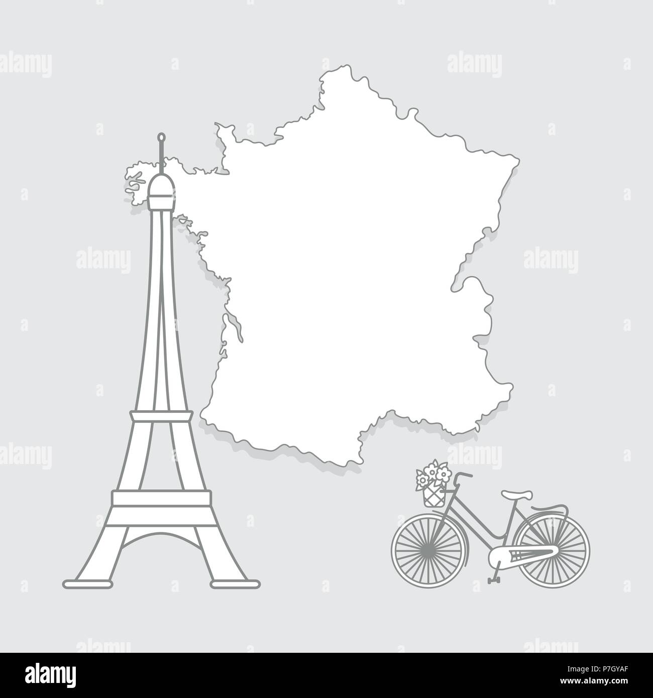 Map of France, famous tower of Paris, bicycle with a basket of flowers ...