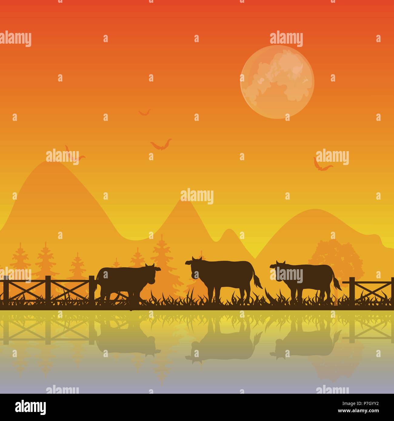 Cows silhouette at sunset Vector background illustration Stock Vector ...