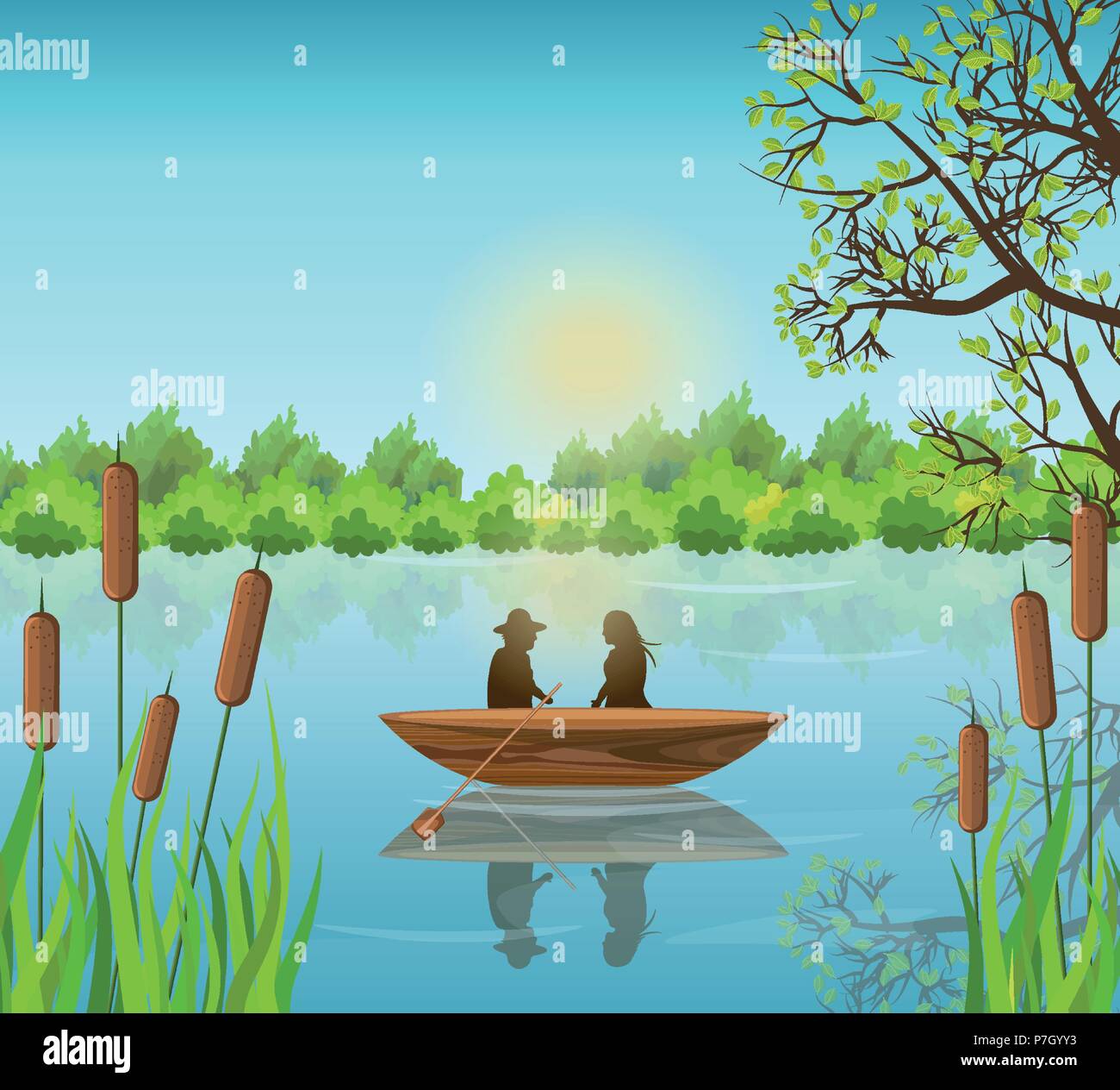 Romantic couple Lake summer background Vector illustration Stock Vector ...
