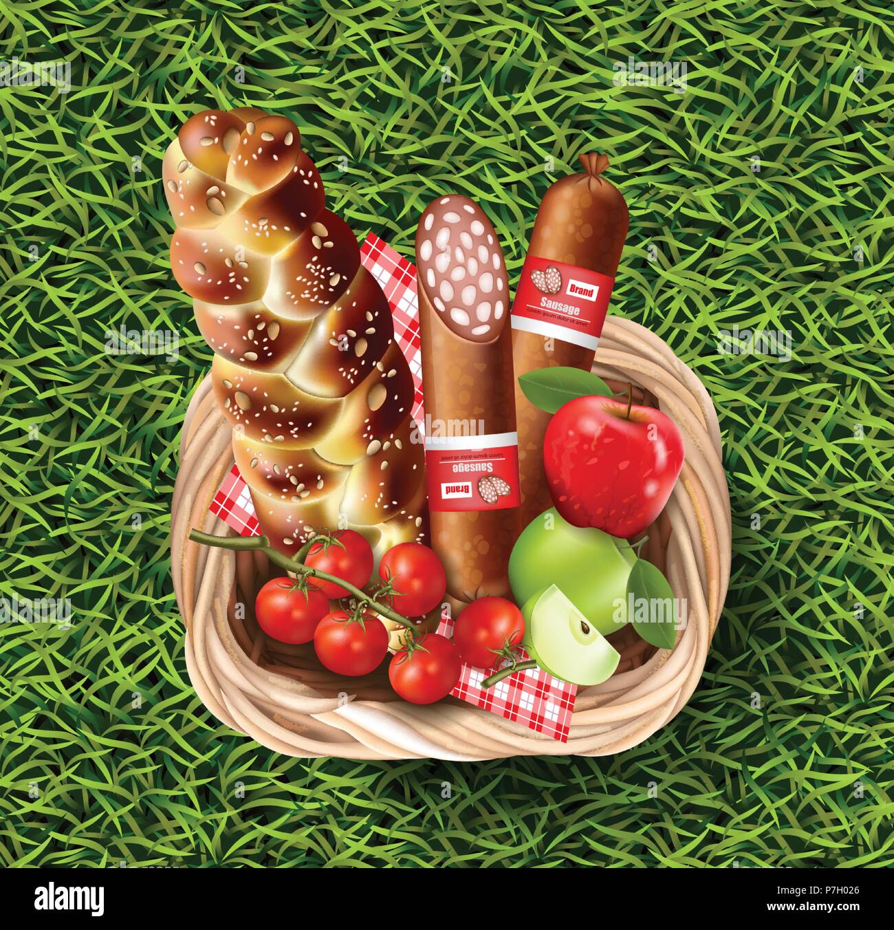 Basket full of food products on green grass Vector realistic. Meat and ...