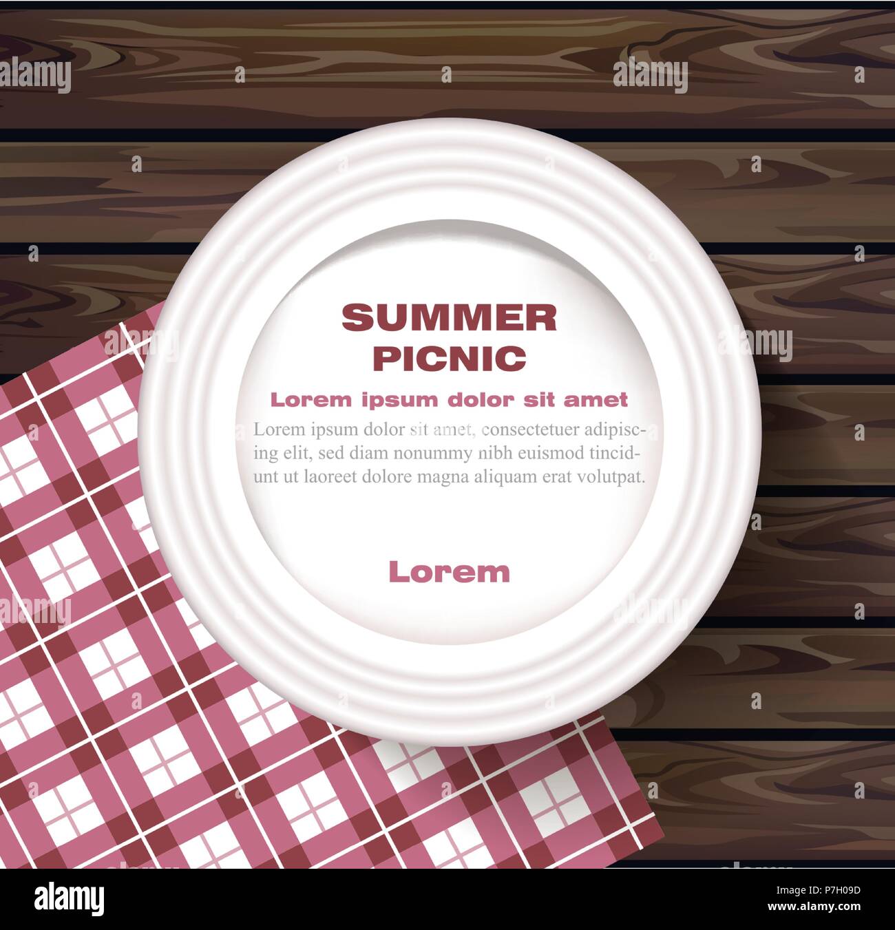 White plate on wooden table Summer picnic concept Vector illustration ...