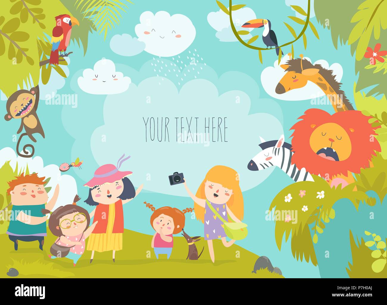 Happy children in zoo with wild african animals Stock Vector Image ...