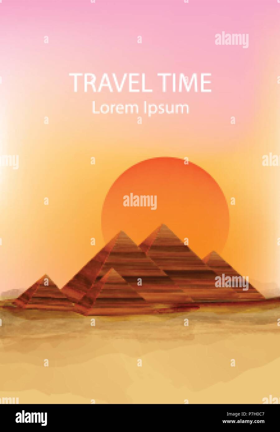 Sunset in the dessert Vector background. Hot summer sun over pyramids ...