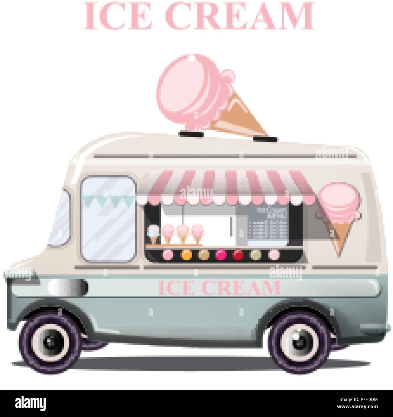 Ice cream stand vehicle Vector. Summer background. Birthday card or ...