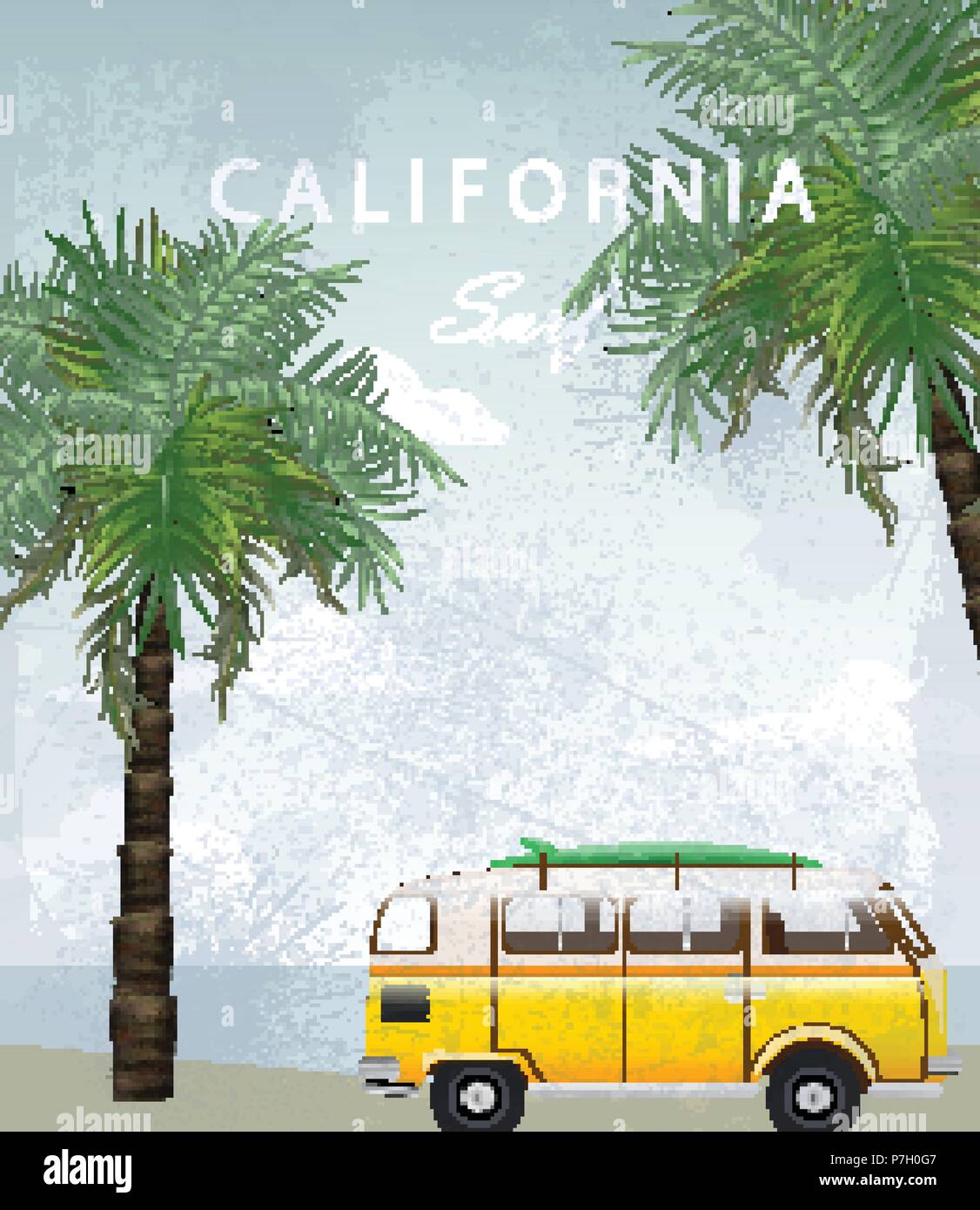 California Summer Travel card with camping car Vector. Camping trailer ...