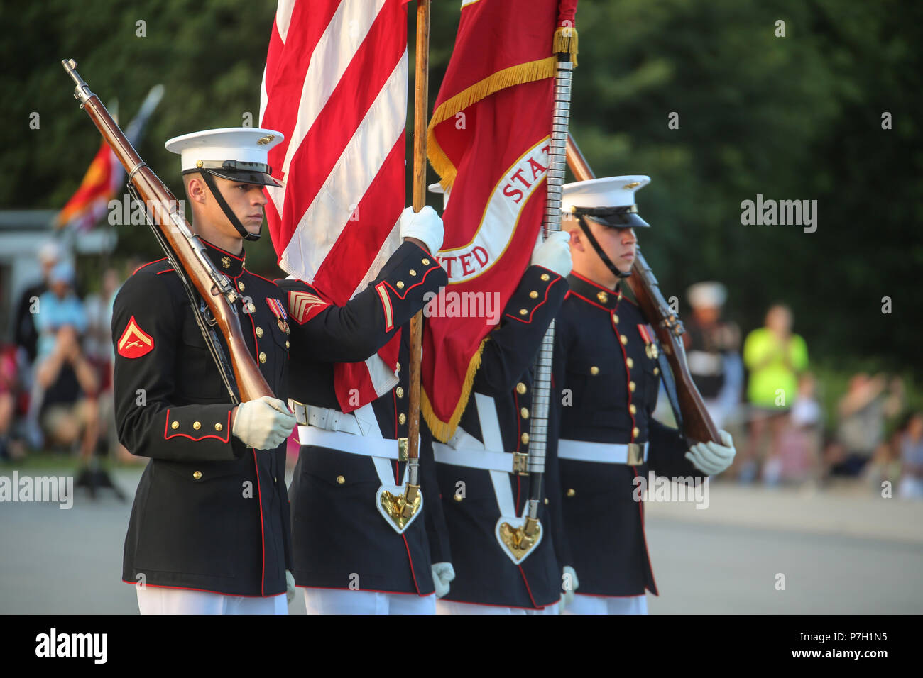 Marines with the U.S. Marine Corps Color Guard march the National ...