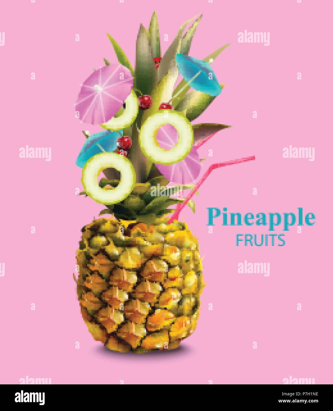 Pineapple fruit cocktail on pink background Vector illustration Stock ...