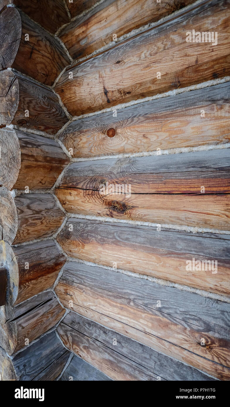 Natural background pattern of a log wall. A wooden house in forest ...