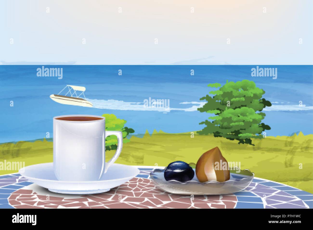 Coffee and oriental sweets on summer sea background Vector illustration ...