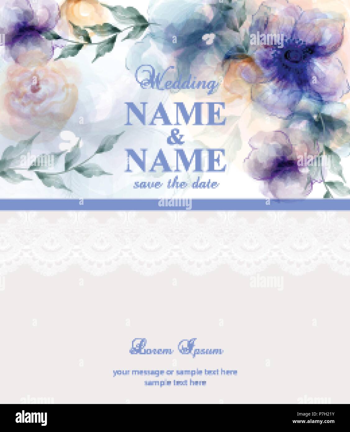 Vintage Wedding card with watercolor blue flowers Vector illustration ...