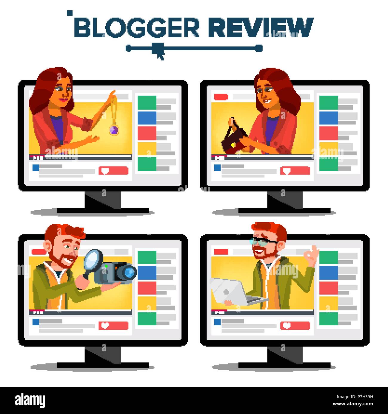 Blogger Review Concept Vector. Video Blog Channel. Man, Woman Popular ...