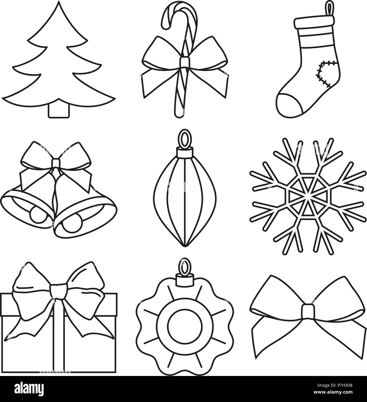 Line art black and white 9 xmas elements set Stock Vector Image & Art ...