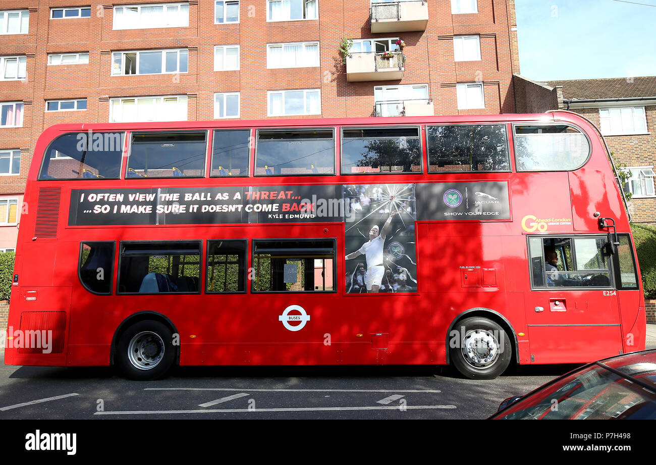 A London bus with an advert of Kyle Edmund on day four of the Wimbledon ...