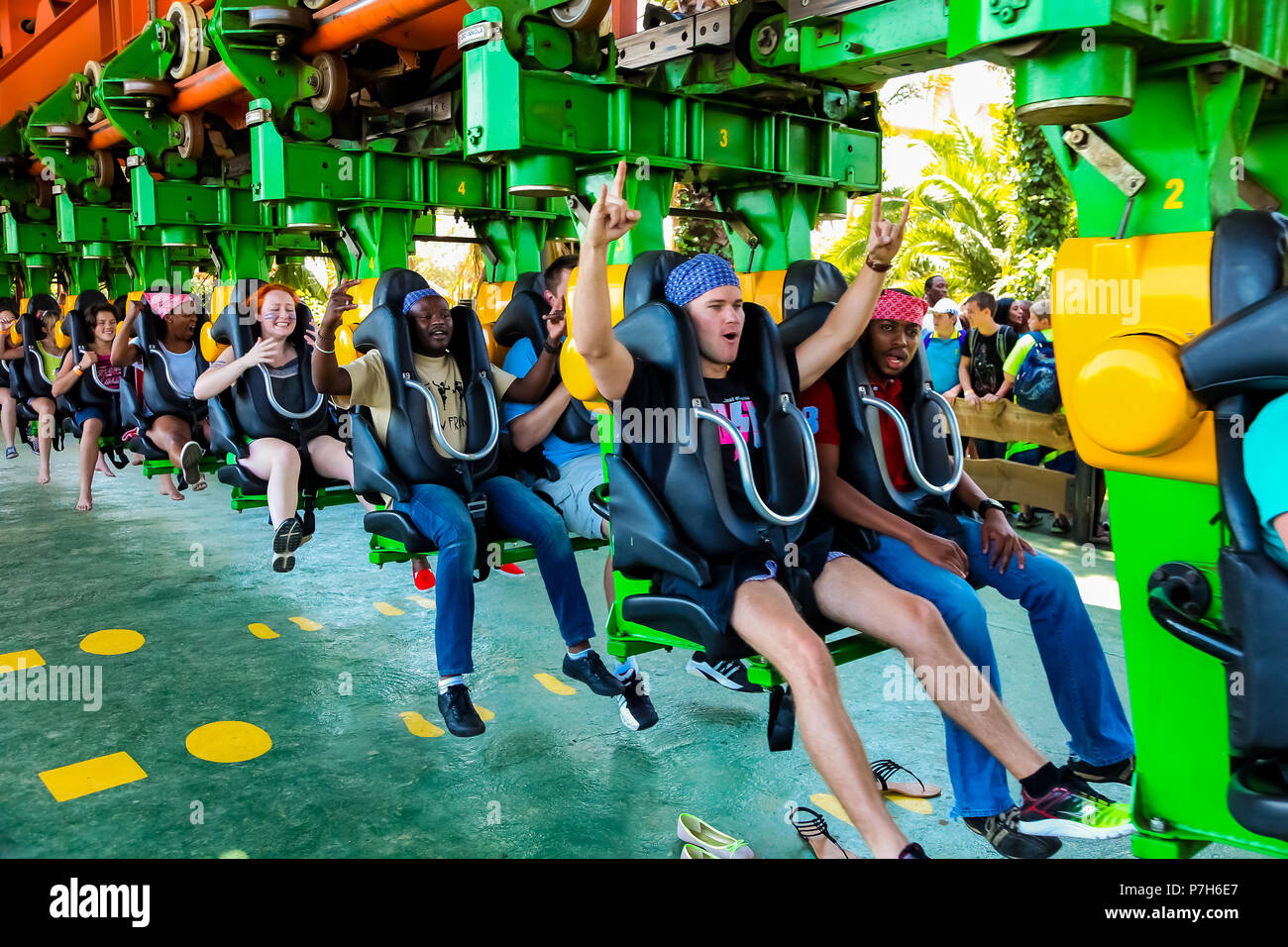 Enthusiastic young friends riding roller coaster ride at amusement park ...