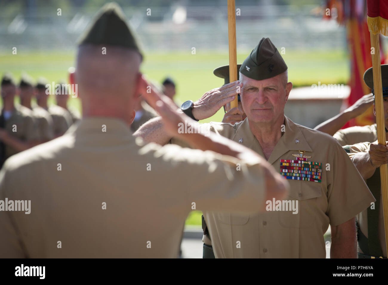 U.S. Marine Corps Maj. Gen. Eric M. Smith, left, the commanding general ...