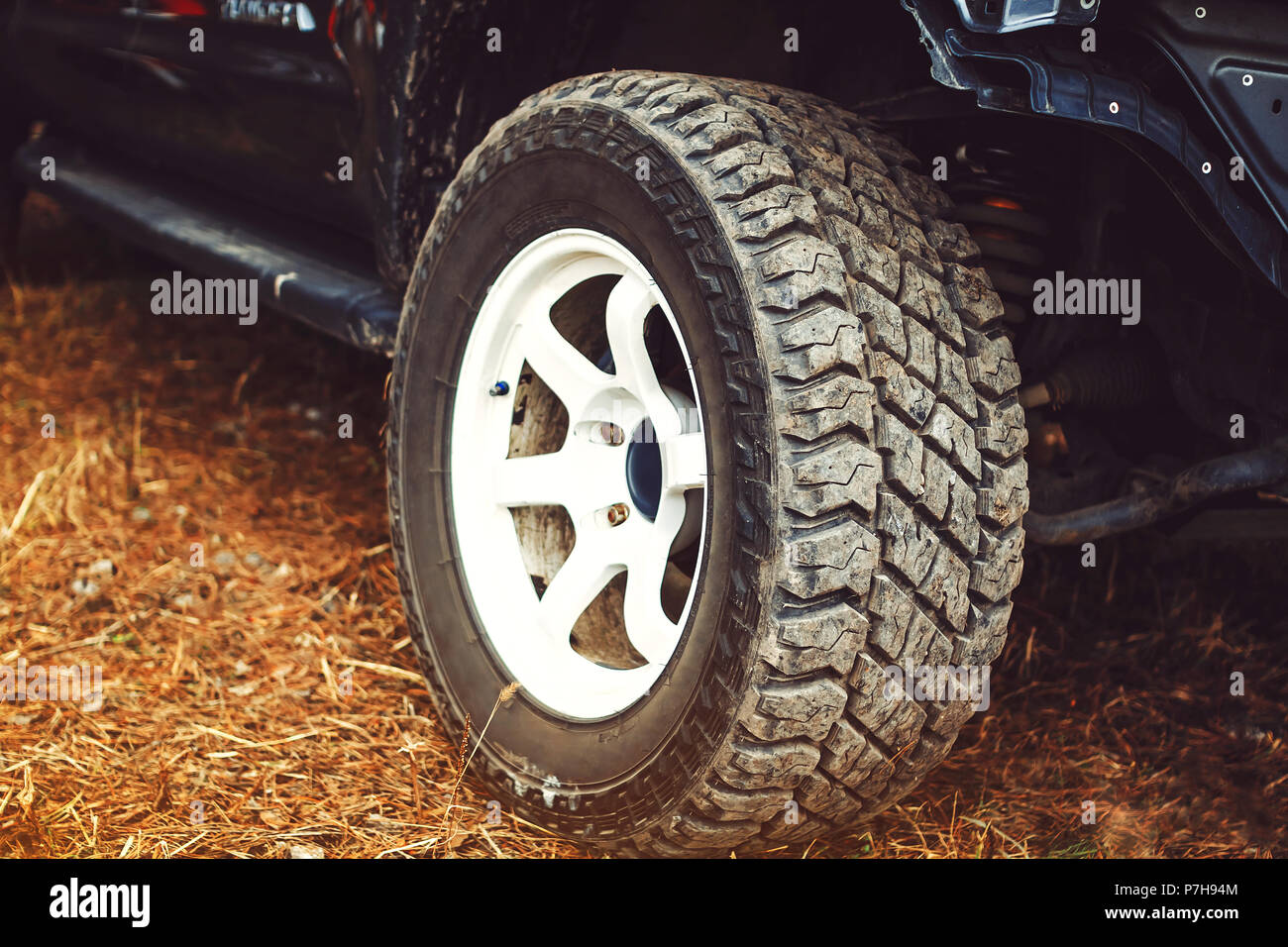 off-road wheel in the mud standing on the grass before the start Stock ...