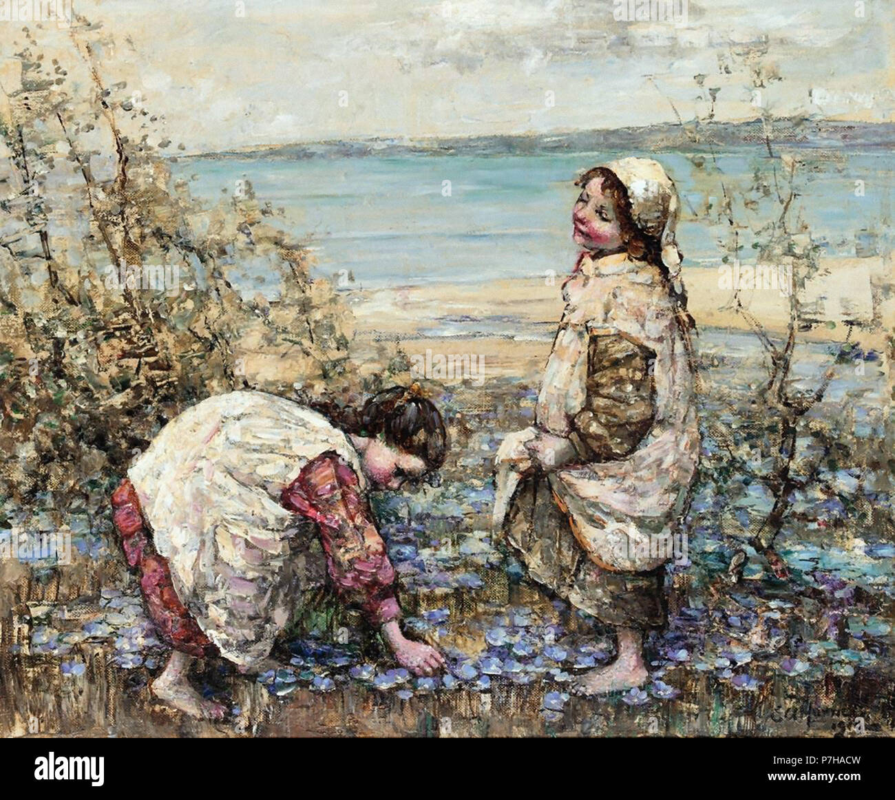 Hornel Edward Atkinson - Collecting Violets at Brighouse Bay Stock ...